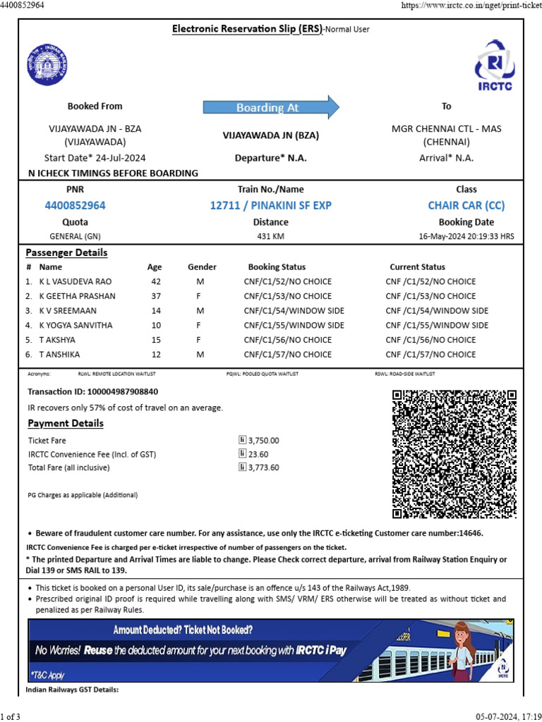 Indian Railways Ticket Booking Details | PDF | Payments