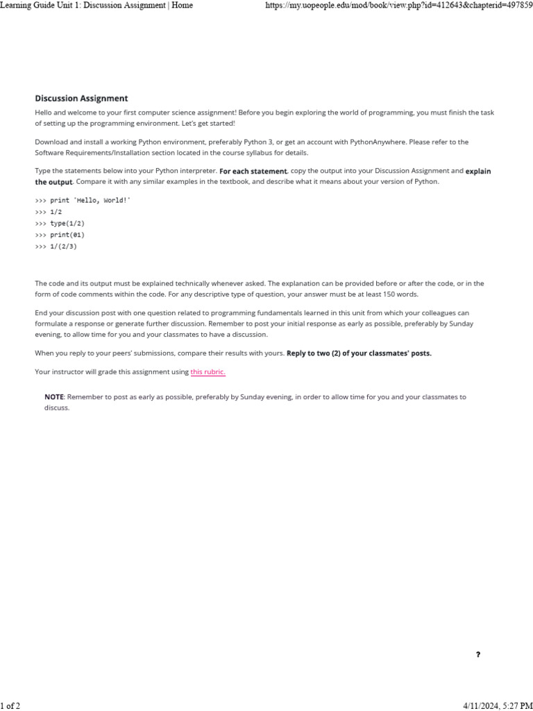 CS 1101 Learning Guide Unit 1 Discussion Assignment Home | PDF | Python (Programming Language ...