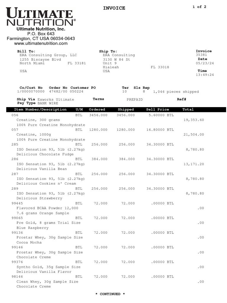 Ultimate Nutrition Invoice Summary | PDF