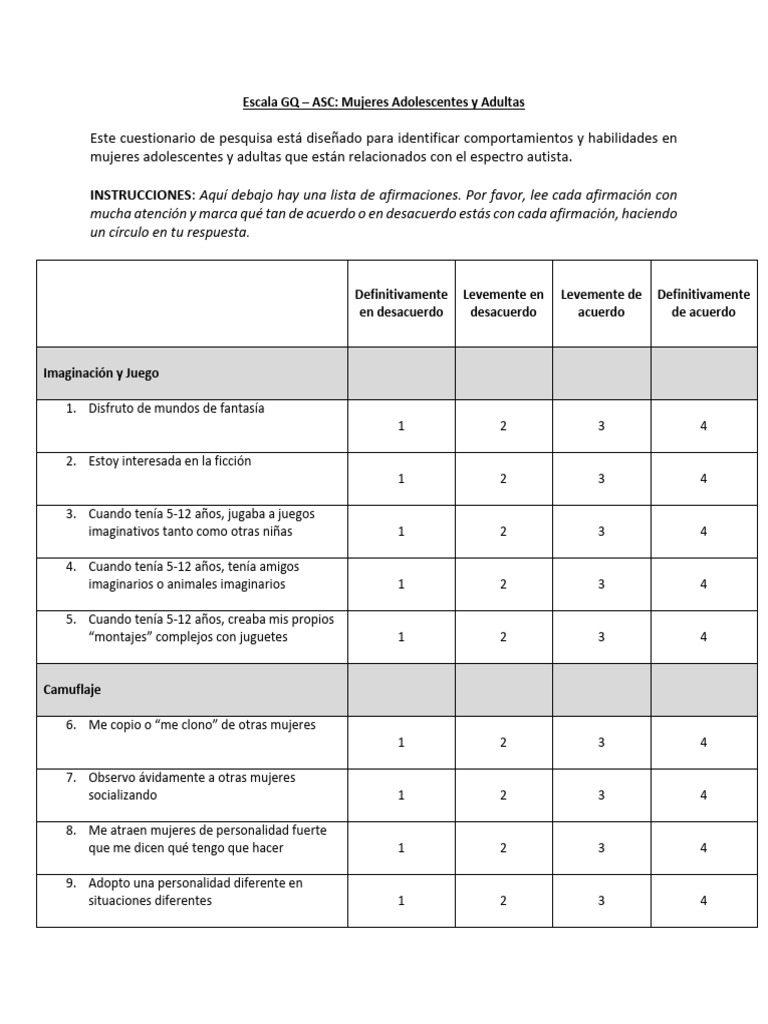 Escala GQ ASC Mujeres Adolescentes y Adultas | PDF | Ciencias del ...