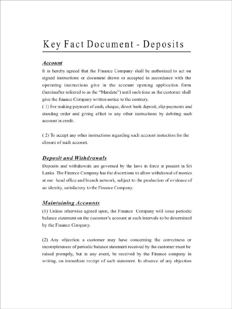Key Fact Document Deposits | PDF