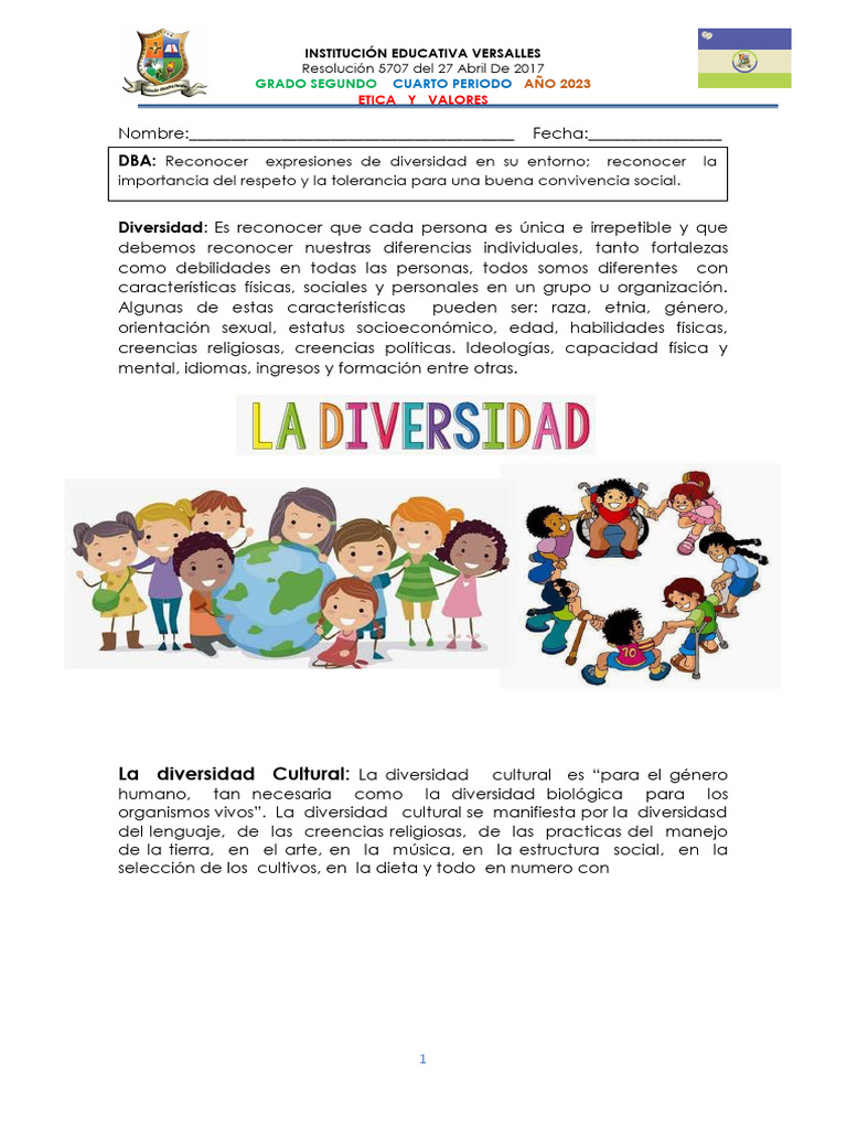Etica y Valores Grado 2 Iv Periodo La Diversidad | PDF