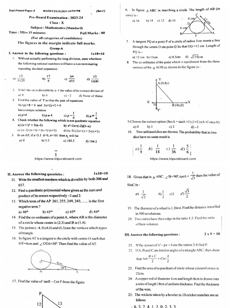 Tbse Class 10 PB Mathematics Standard Set C 080524 2024 | PDF
