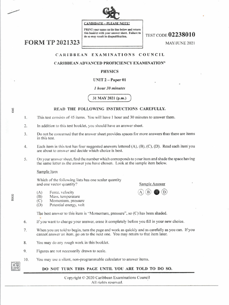 Cape Physics U2 P1 May-June 2021 With Answers | PDF