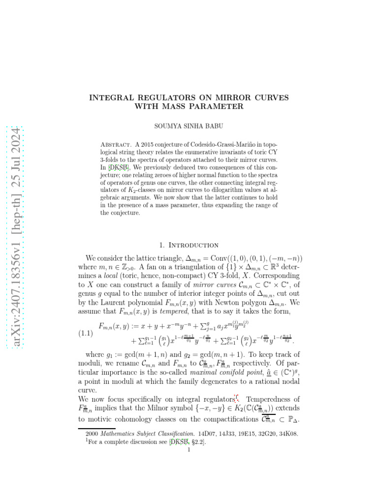 Integral Regulators On Mirror Curves With Mass Parameter | PDF ...