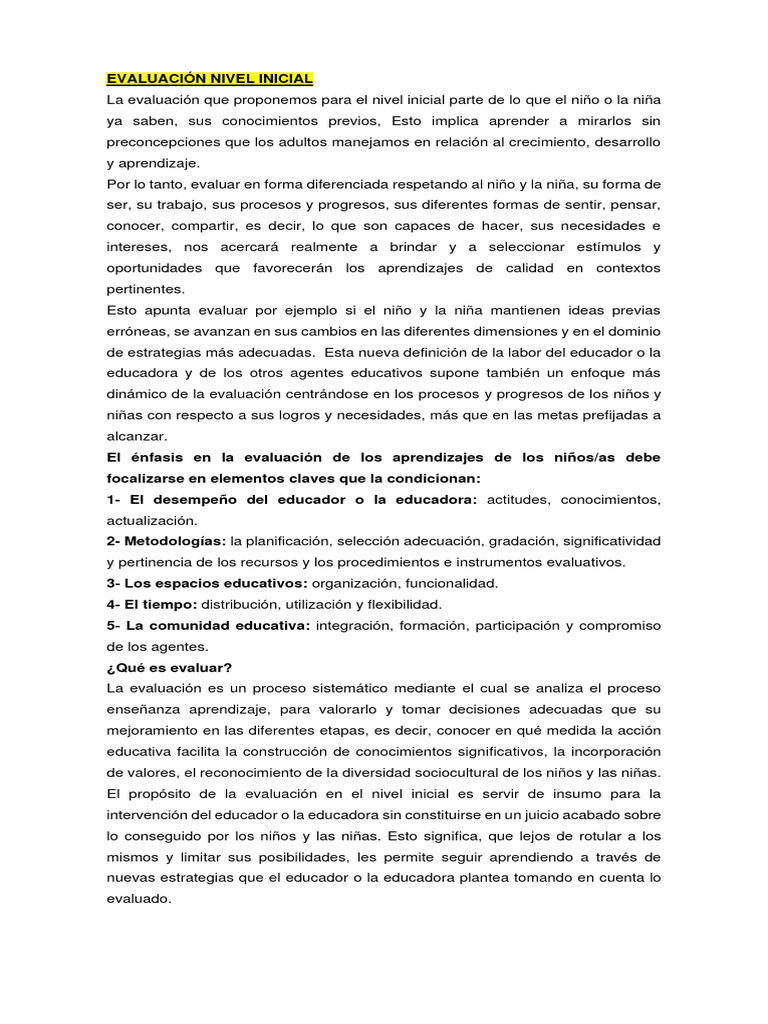 Evaluaci-N Nivel Inicial | PDF | Evaluación | Aprendizaje