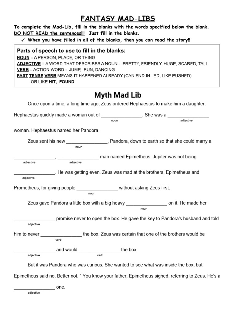 Myth of Pandora-Mad Libs | PDF | Verb | Zeus