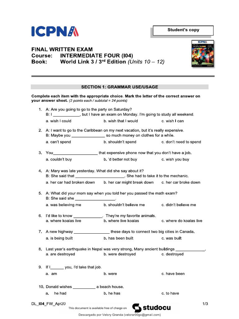 Final Written Exam I04 | PDF