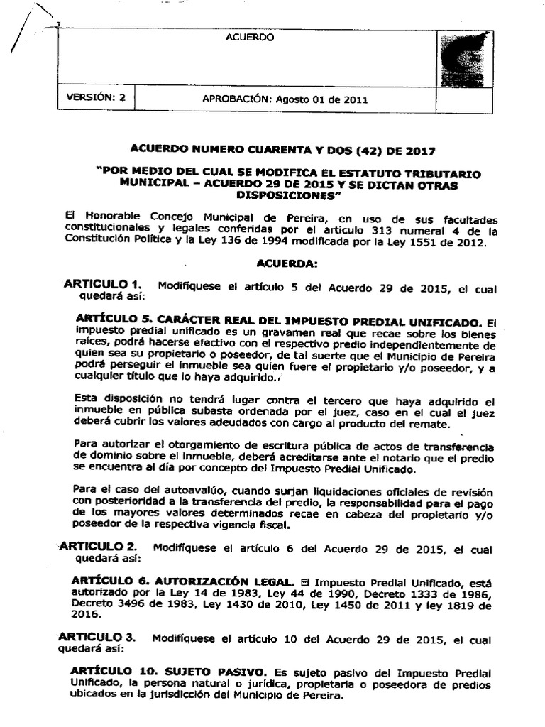 Acuerdo 042 Del 2017 - 38 Pereira | PDF