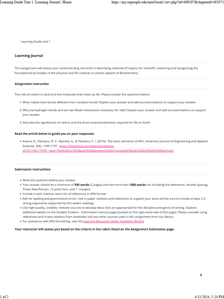 BIOL 1301 Learning Guide Unit 1 Learning Journal Home | PDF | Chemical Bond | Citation