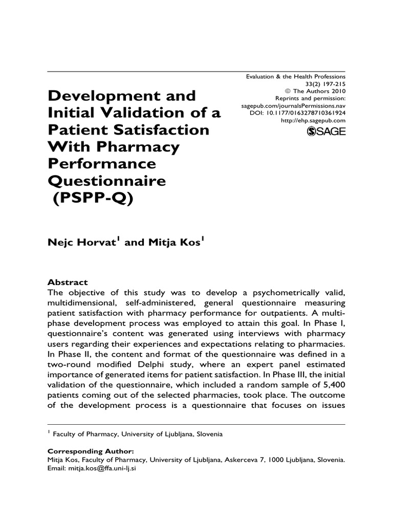 Development and Initial Validation of A Patient Satisfaction With Pharmacy Performance ...