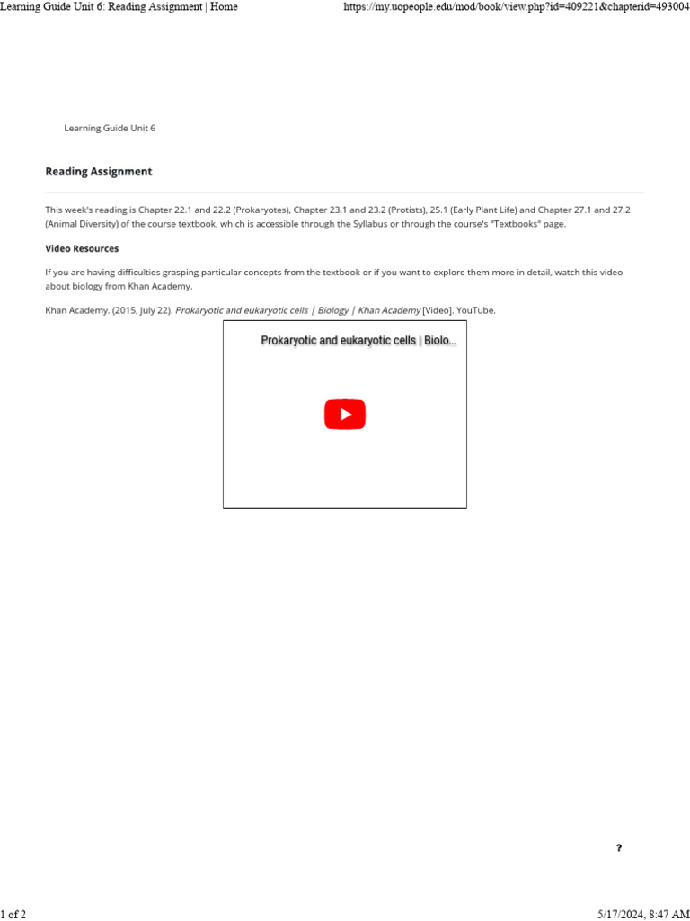 BIOL 1301 Learning Guide Unit 6 Reading Assignment Home | PDF