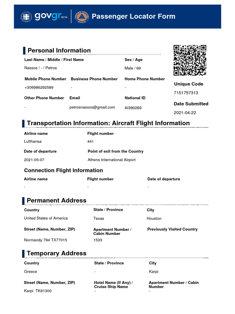 Passenger Locator Form: Personal Information | PDF | Aviation | Transport