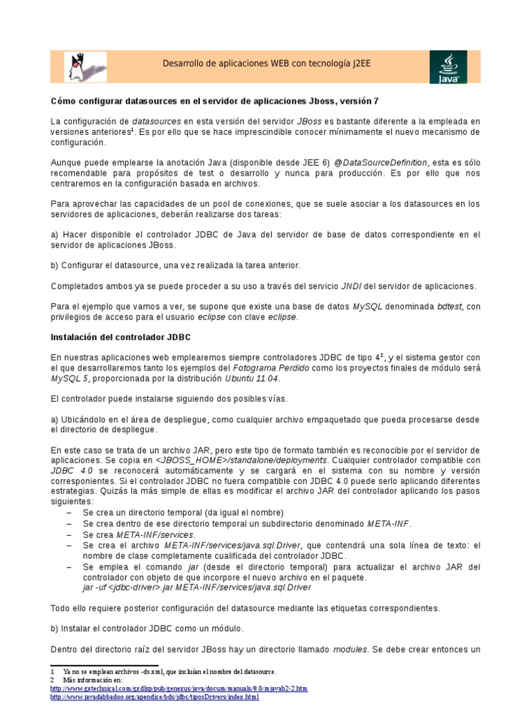 Configurar Datasource en JBoss 7 | PDF | Vuelo salvaje | Java (lenguaje de programación)