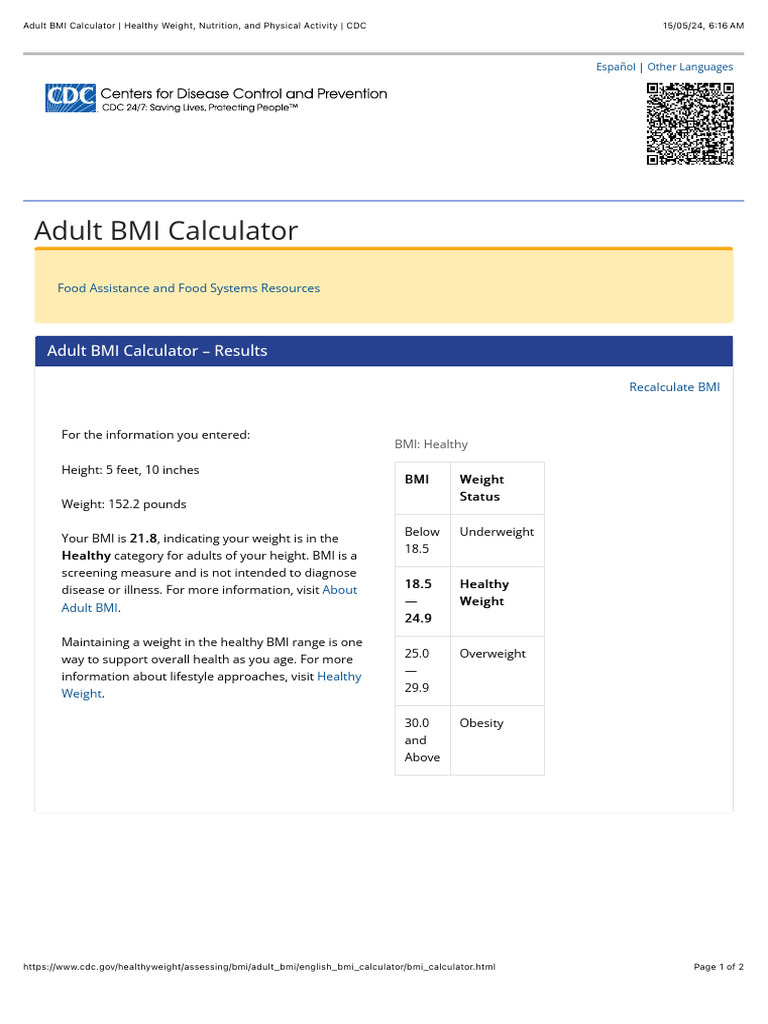 Adult BMI Calculator - Healthy Weight, Nutrition, and Physical Activity ...