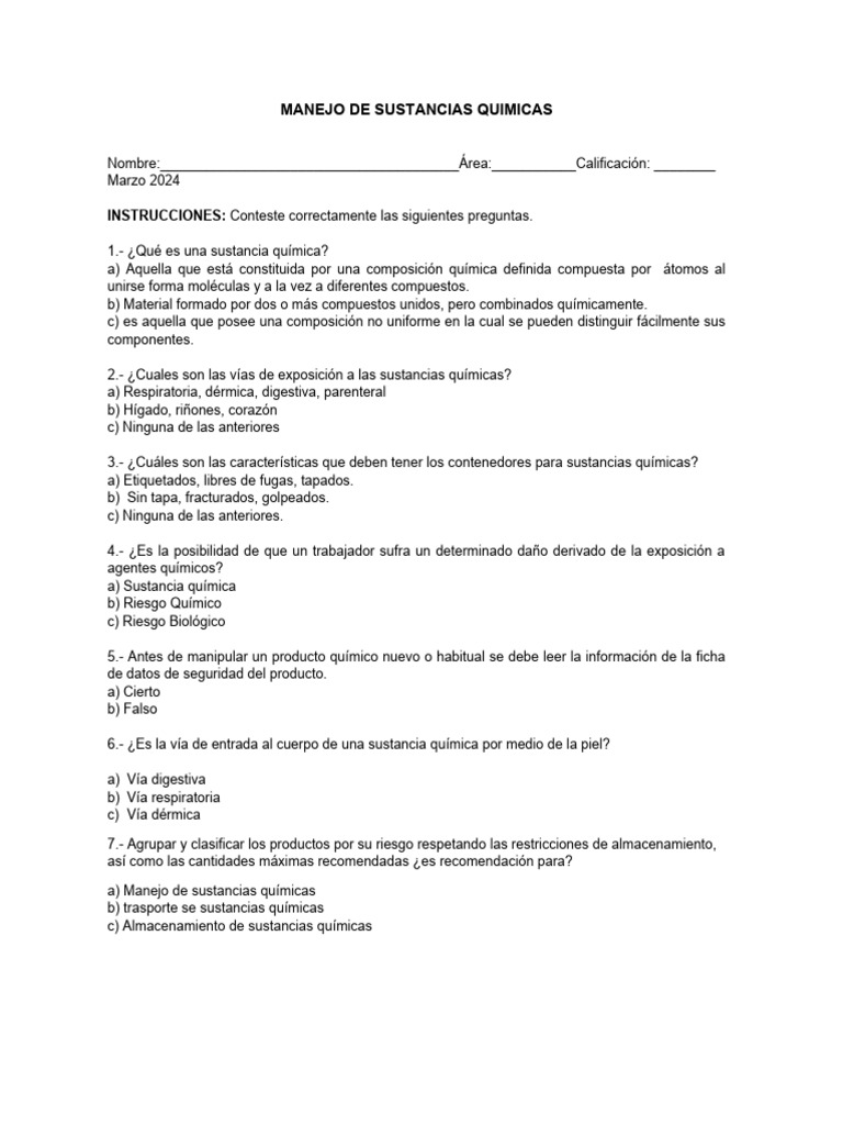 examen MANEJO DE SUSTANCIAS QUIMICAS | PDF | Química | Sustancias químicas examen MANEJO DE SUSTANCIAS QUIMICAS | PDF | Química | Sustancias químicas