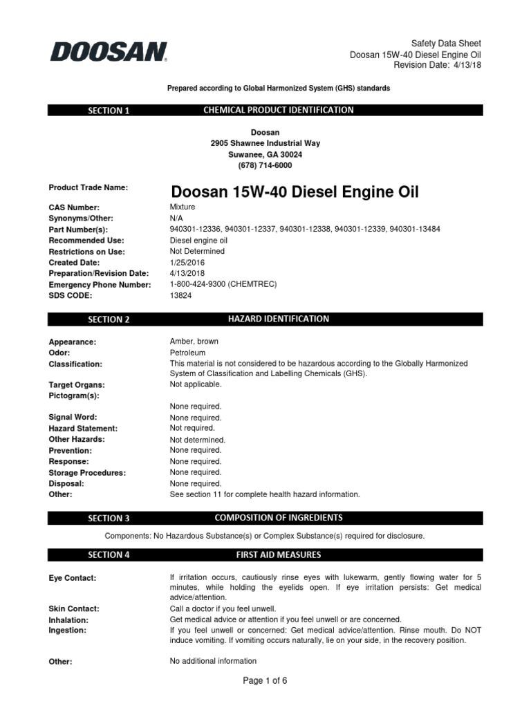 Doosan 15W-40 Diesel Oil Safety Data Sheet | PDF | Combustion ...