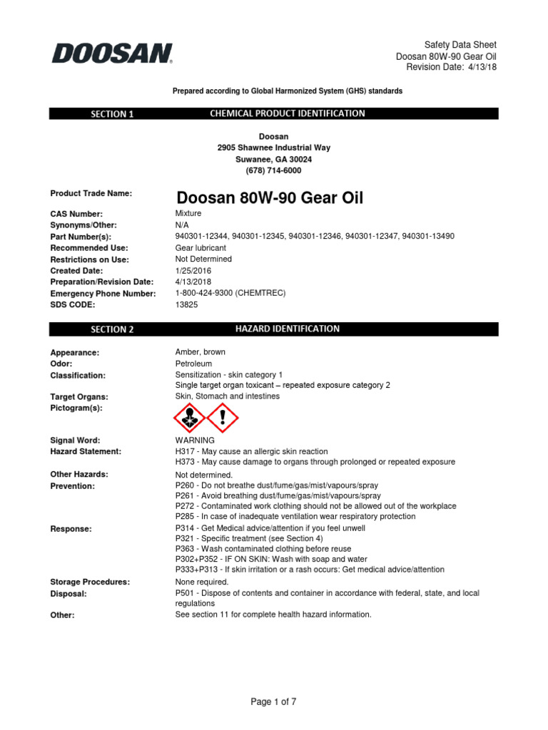 Doosan 80W-90 Gear Oil Safety Guide | PDF | Combustion | Firefighting