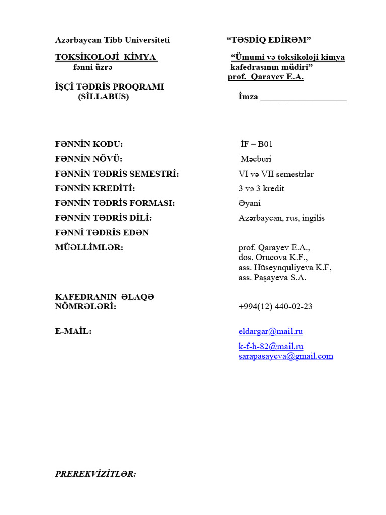 AZ Toksikoloji Kimya Sillabus - 2021 | PDF