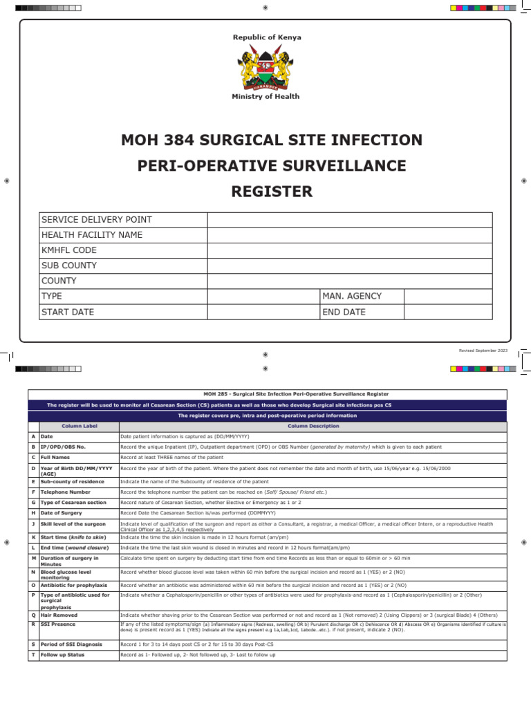 MOH 384 SSIs Surveillance Register Revised 03.10.2023 | PDF | Surgery | Caesarean Section