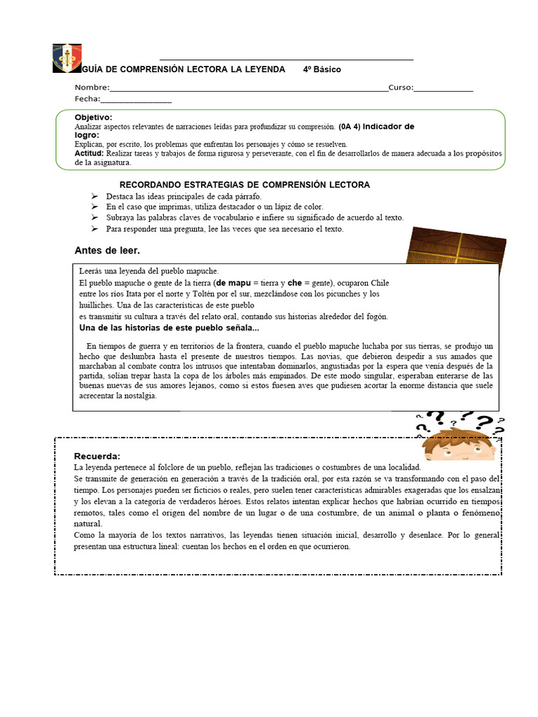 4° Básico Lenguaje Guía de La Leyenda | PDF | Comprensión lectora