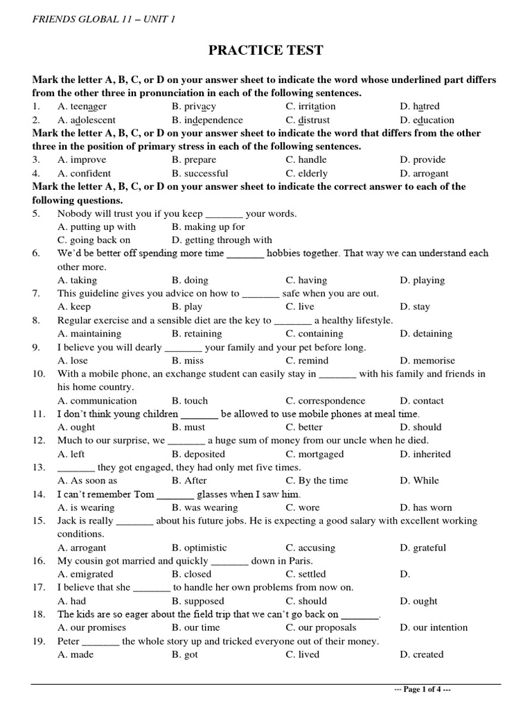 Practice Test Unit 1 | PDF | Adolescence | Behavioural Sciences