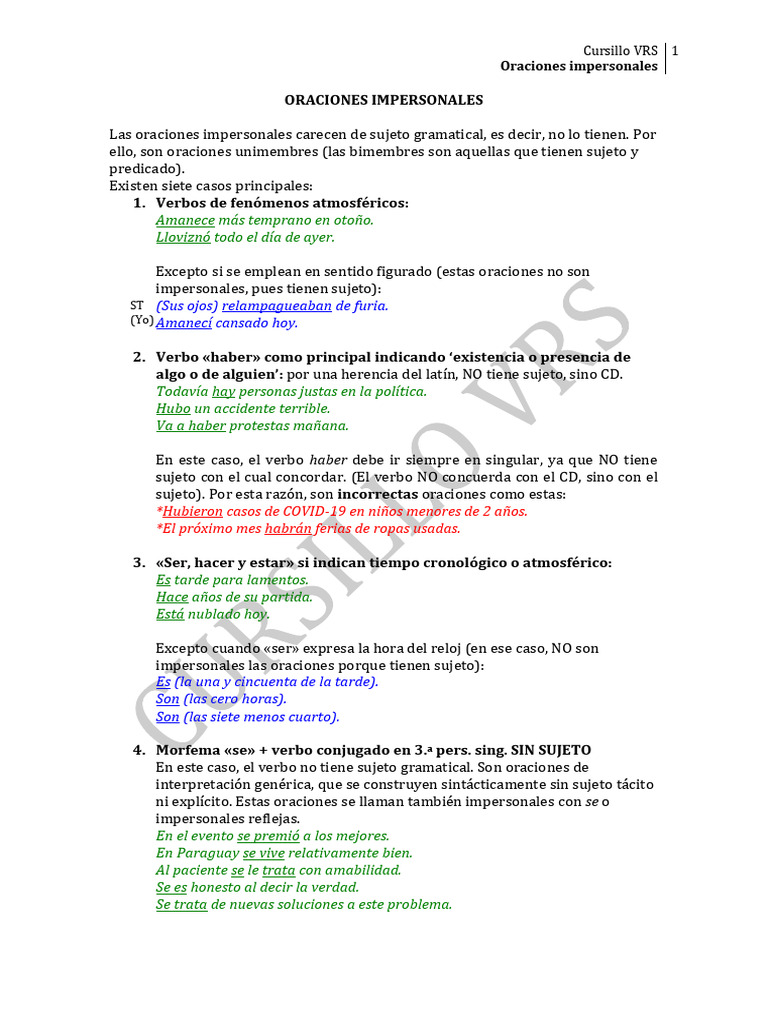 Oraciones Impersonales | PDF | Verbo | Asunto (gramática)