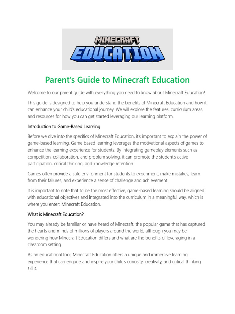 Minecraft Education Parent Resource Guide | PDF | Learning | Lesson Plan
