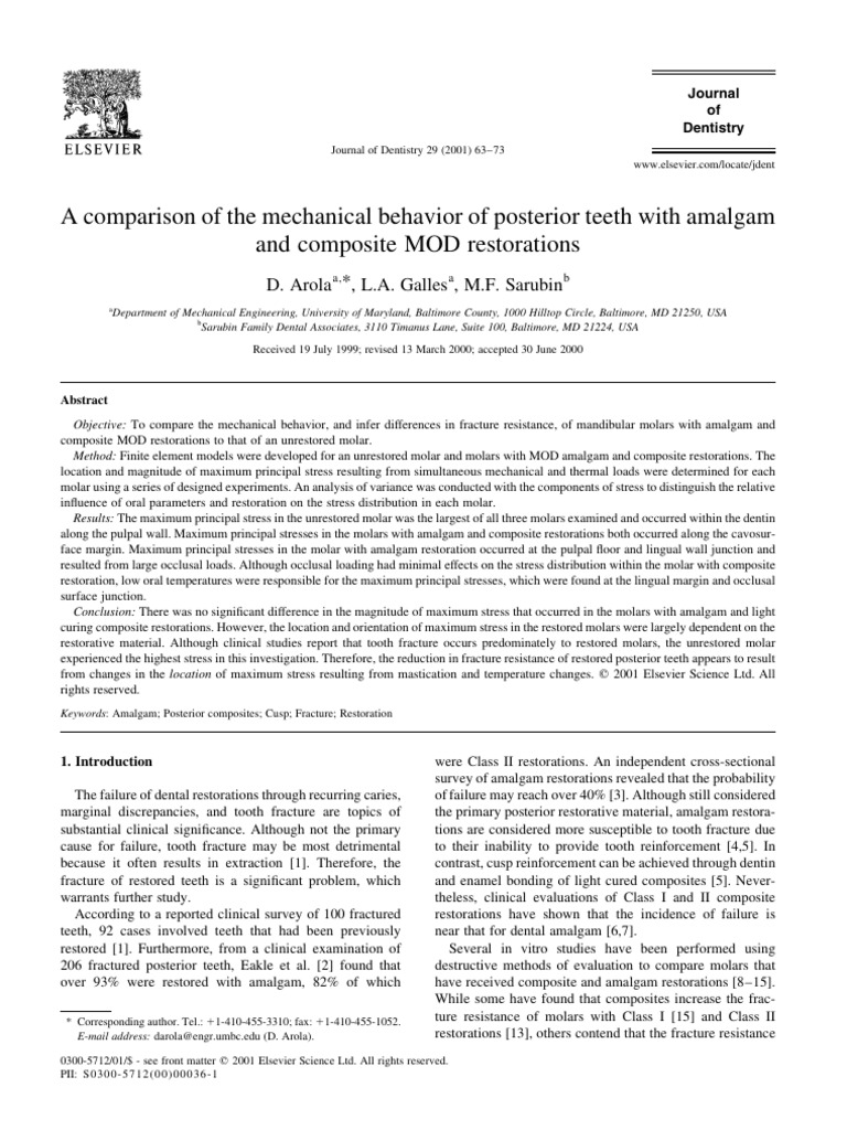A Comparison of The Mechanical Behavior of Posterior Teeth With Amalgam ...
