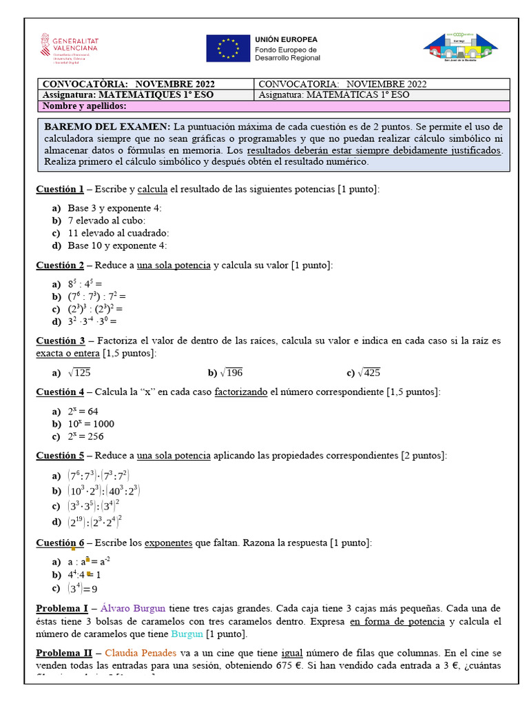 Examen 1º ESO Matemáticas - Potencias | PDF