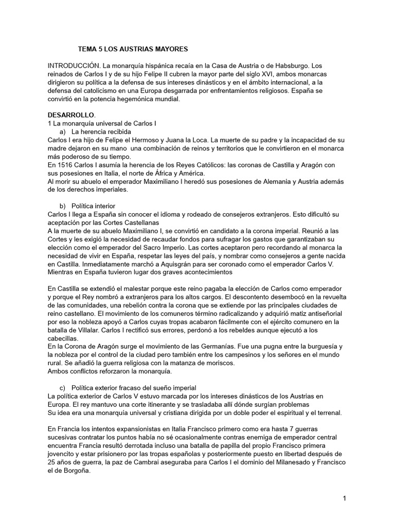 Tema 5 Los Austrias Mayores | PDF | Imperio español | Casa de los Habsburgo