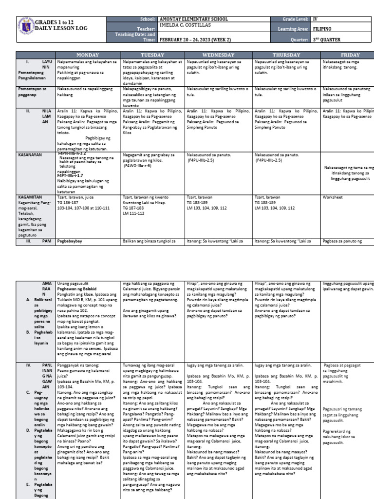 DLL - Filipino 4 - Q3 - W2 | PDF