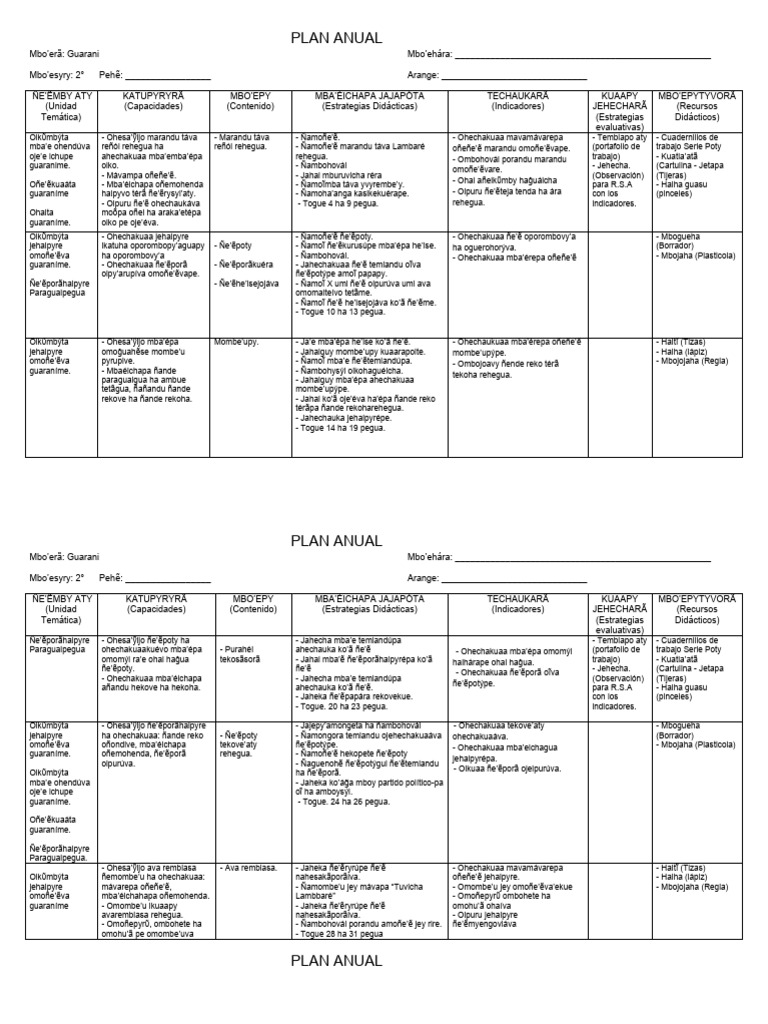 Plan Anual Guaraní 2° Curso | PDF