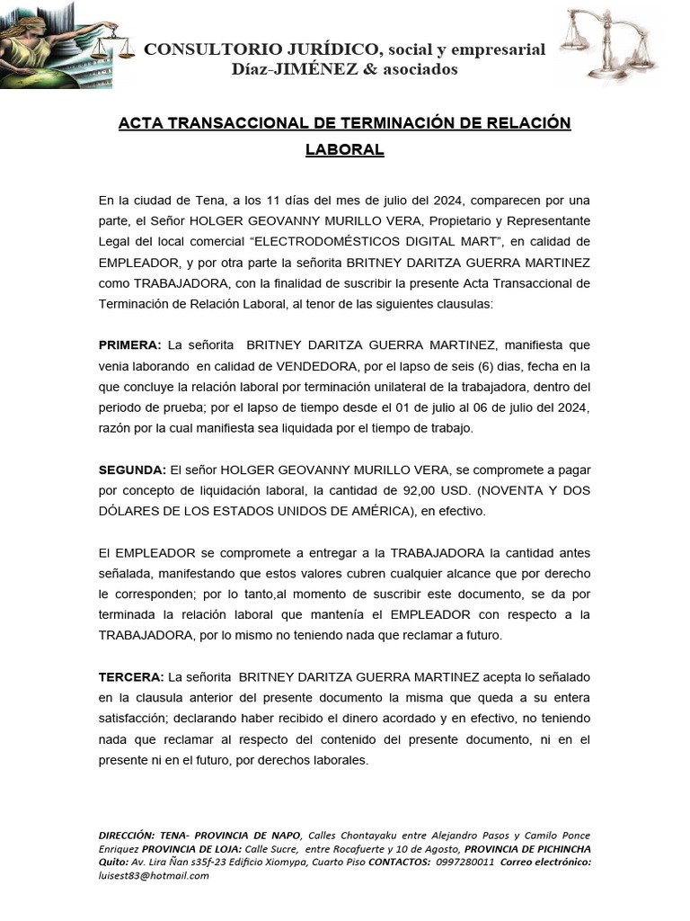Acta Transaccional Terminacion Laboral | PDF | Gobierno