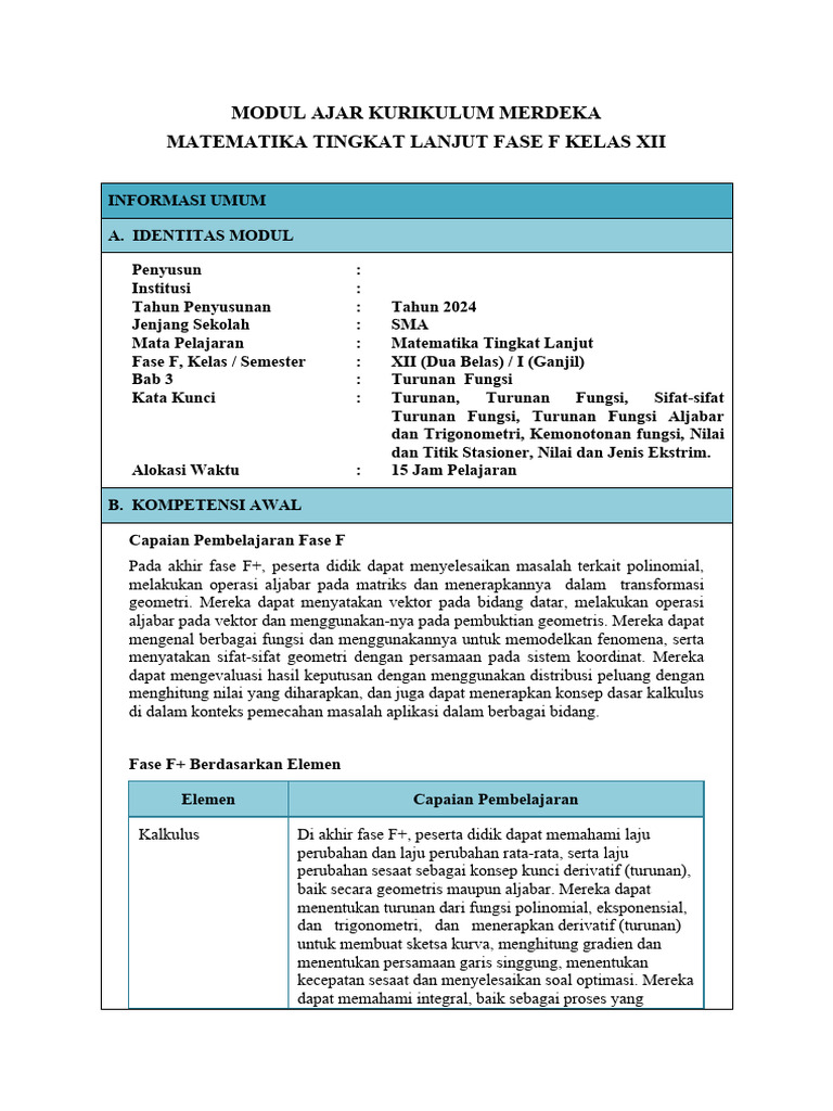 Modul Ajar Bab 3 Turunan Fungsi | PDF | Metode & Bahan Ajar | Komputer