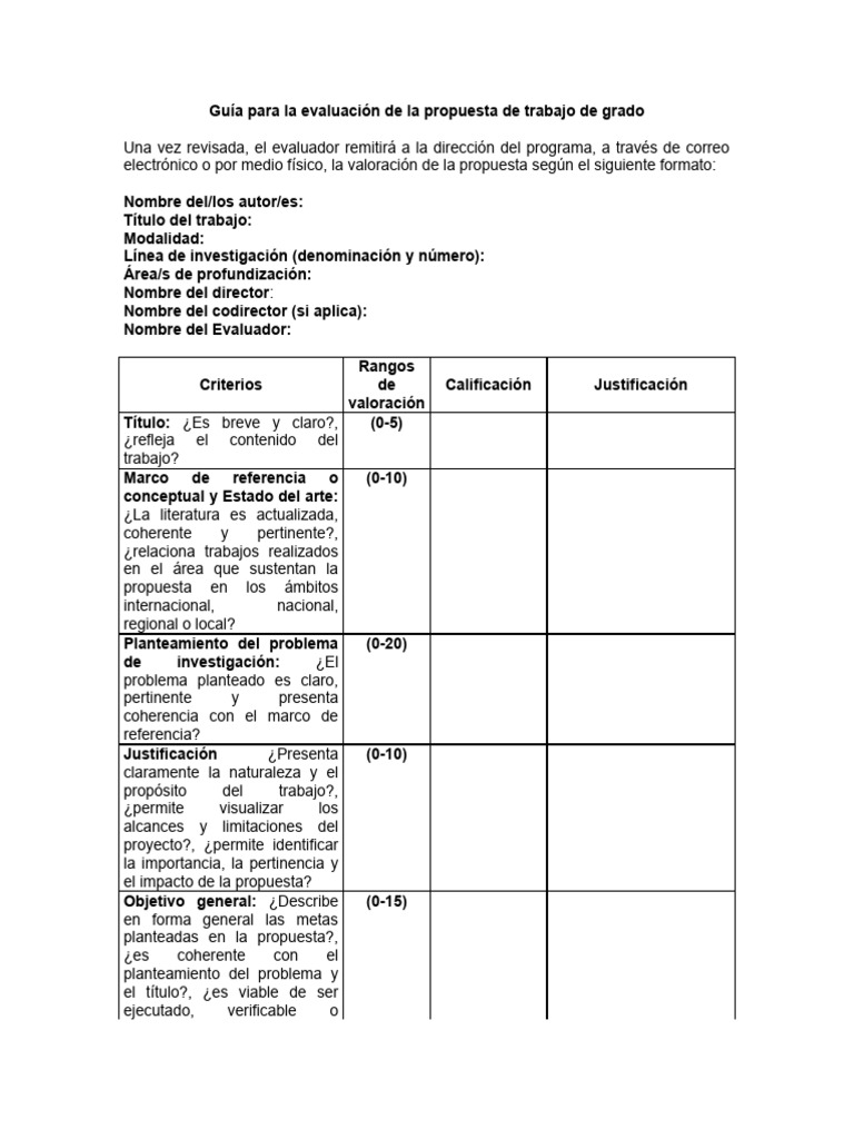Gu A para La Evaluaci N de La Propuesta de Trabajo de Grado | PDF | Evaluación | Metodología