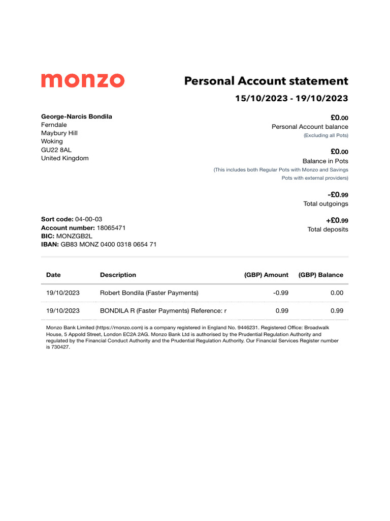Monzo - Bank - Statement - 2023 10 15 2023 10 19 - 5677 | PDF | Deposit ...