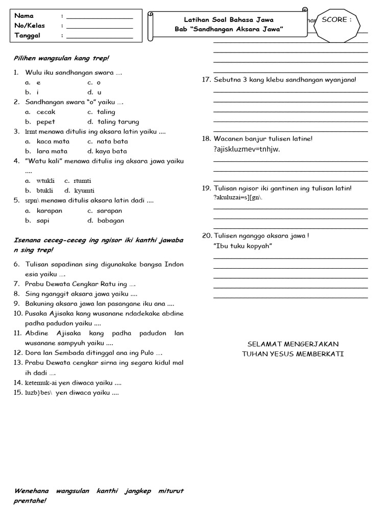 Latihan Soal Bahasa Jawa Sandhangan Aksara Jawa | PDF