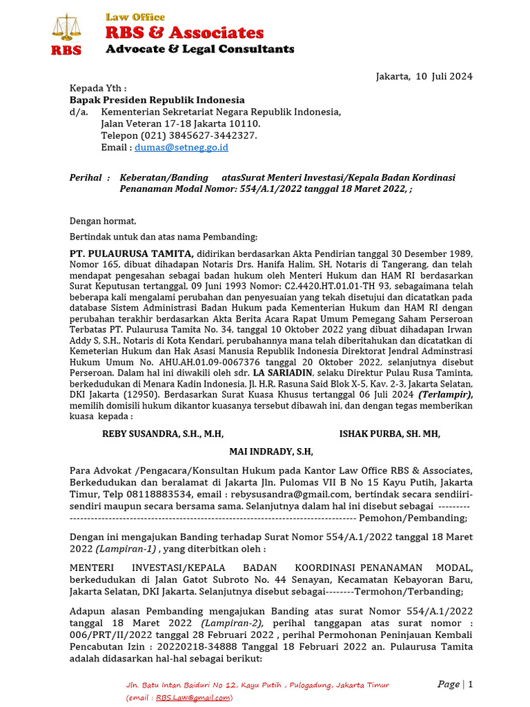 Surat Banding Administratif BKPM | PDF