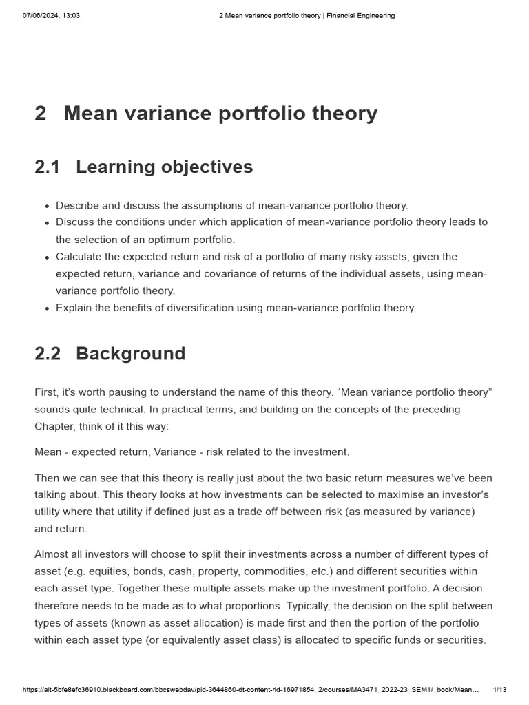 Mean Variance Portfolio Theory Financial Engineering Pdf Modern
