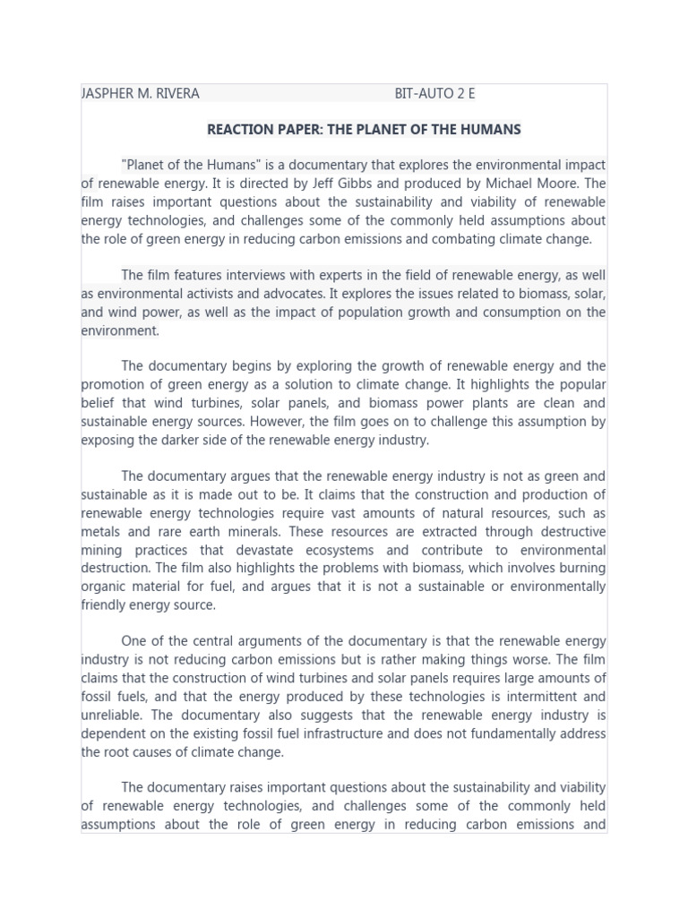 Rivera Reaction Paper The Planet of The Humans | PDF | Sustainable ...