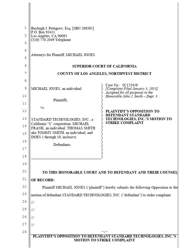 Sample Opposition Motion To Strike | PDF | Pleading | Complaint