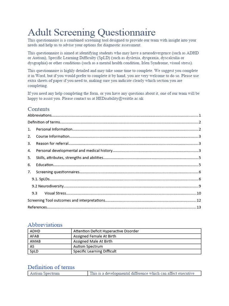 Adult Neurodivergence Screening Tool | PDF | Learning Disability | Attention Deficit ...