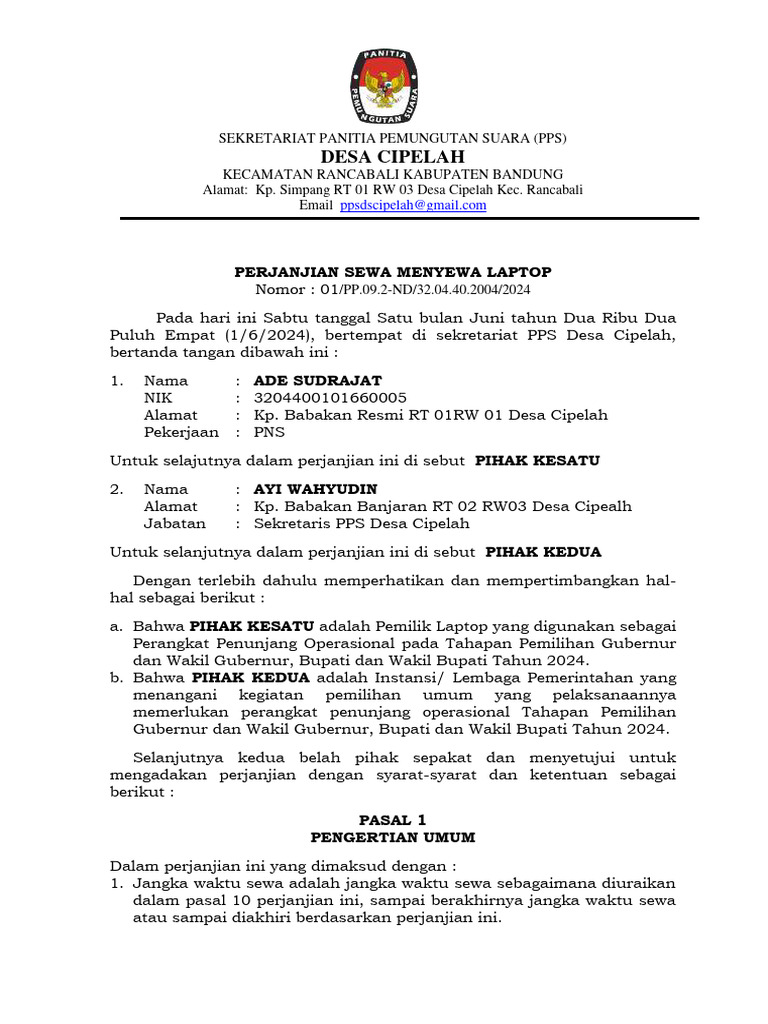 Perjanjian Sewa Laptop PPS Cipelah | PDF