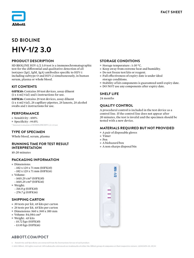 SD BIOLINE HIV-1/2 3.0 Test Instructions | PDF | Hiv | Blood Plasma