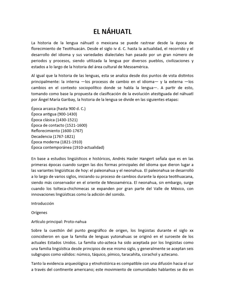 Historia Y Evolución Del Náhuatl Pdf Náhuatl Mesoamérica
