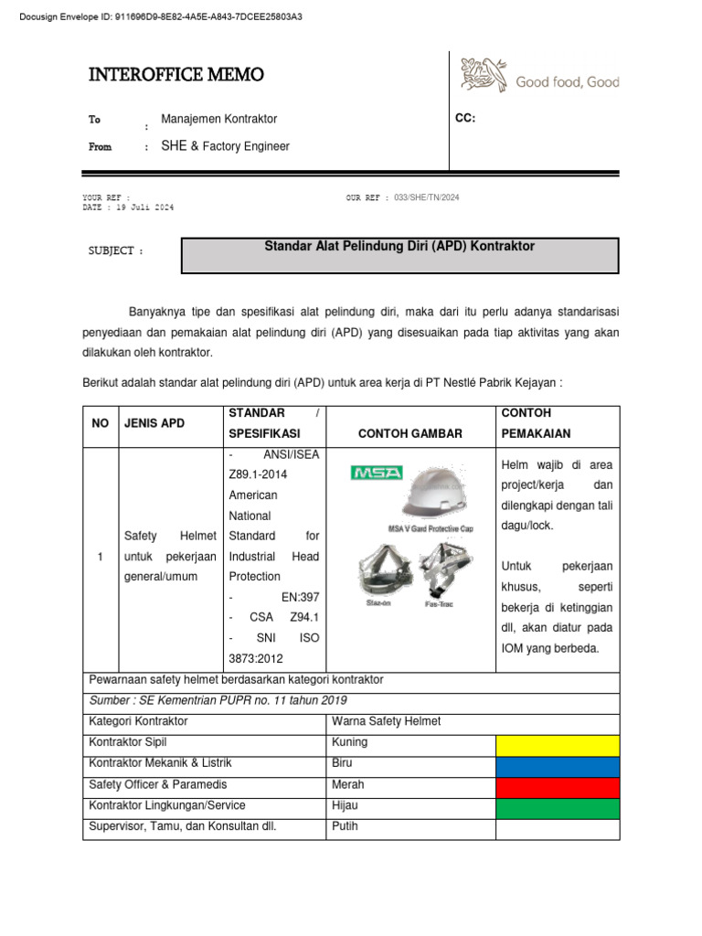 Standar APD untuk Kontraktor Nestlé | PDF