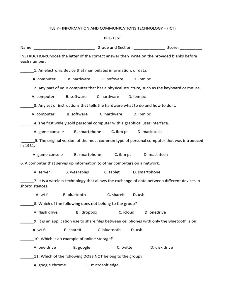 Tle-Ict Pre Test | PDF | Personal Computers | Computer Hardware
