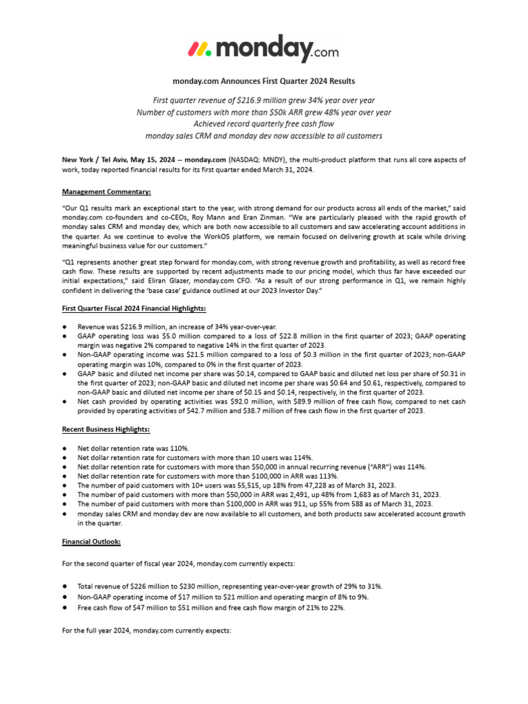 Q1 24 PR Monday Com May2024 | PDF | Expense | Income