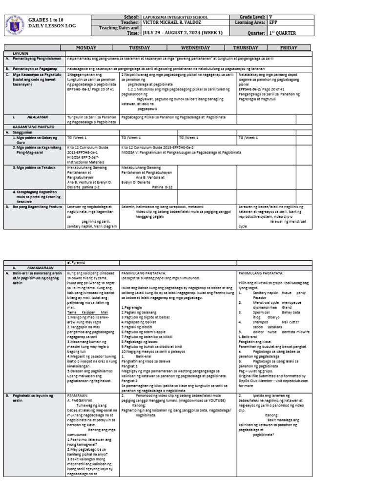 DLL - Epp 5 - Q1 - W1 | PDF